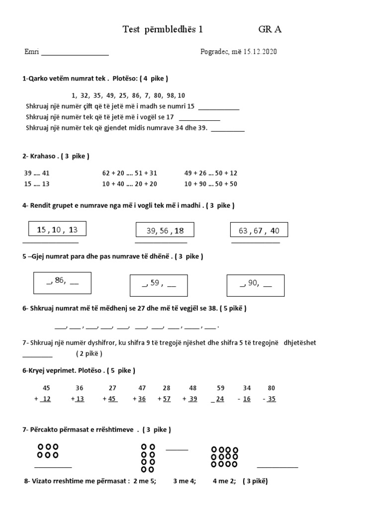 Test Permbledhes Matematike | PDF