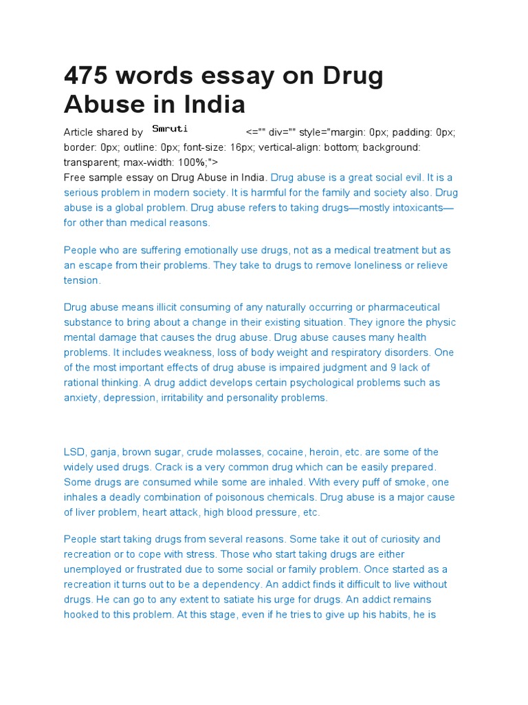 475 Words Essay On Drug Abuse in India | PDF | Substance Abuse | Drugs