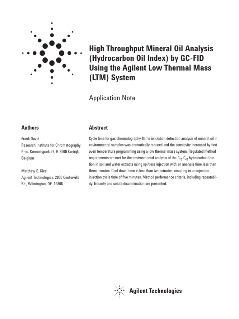 High Throughput Mineral Oil Analysis (Hydrocarbon Oil Index) by GC-FID ...