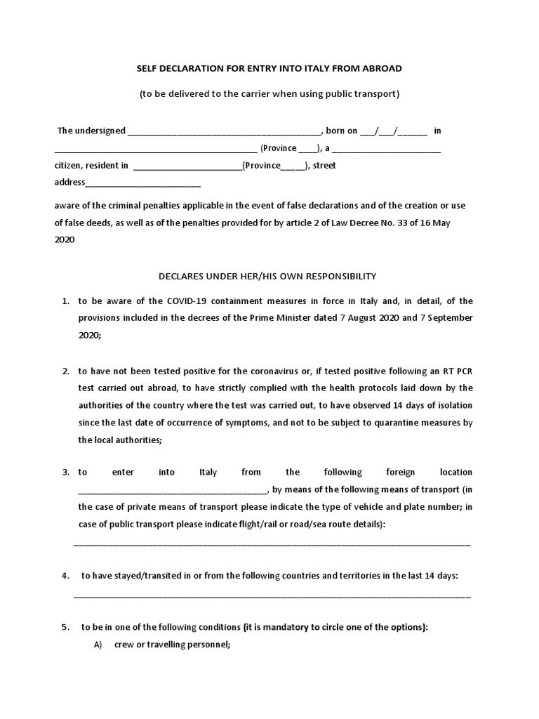 Self-Declaration for Entry into Italy from Abroad During COVID-19 ...