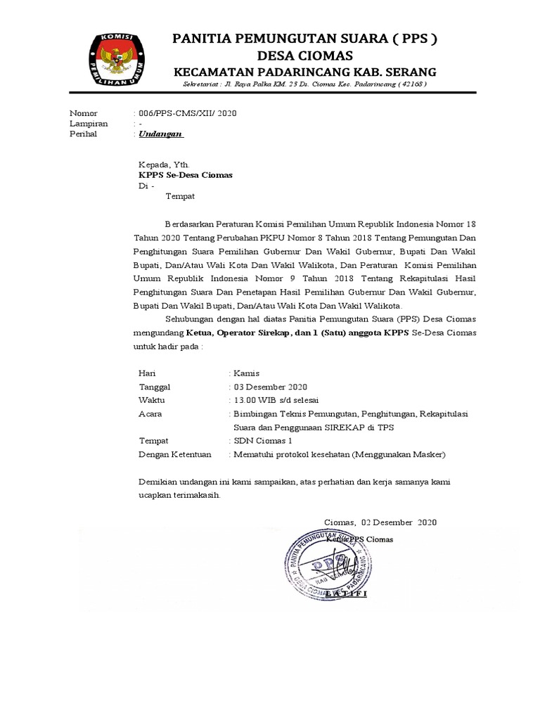 Surat Undangan Bimtek KPPS 2020 | PDF