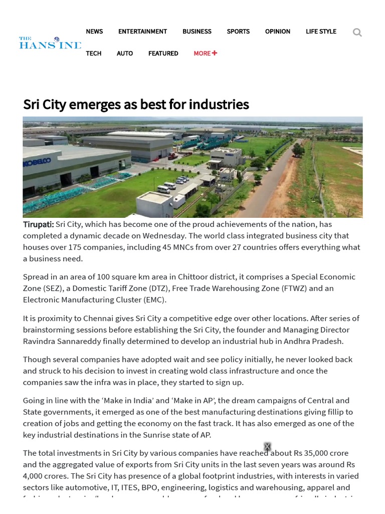 Sri City Emerges As Best For Industries | PDF | Economies ...