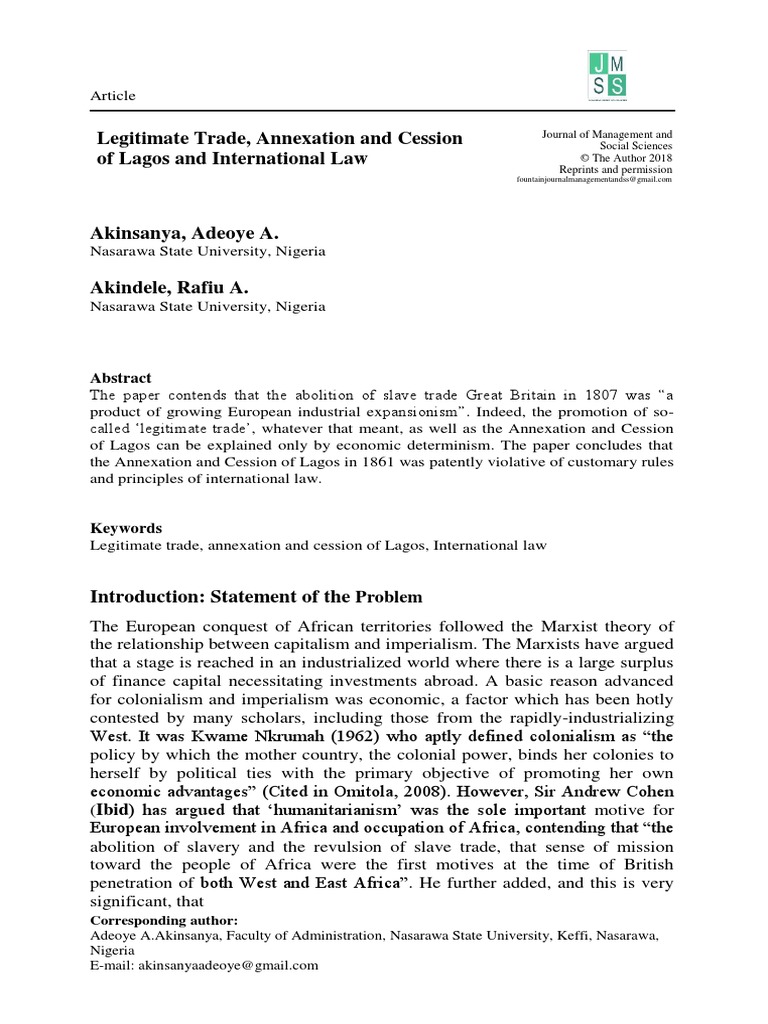Legitimate Trade, Annexation and Cession of Lagos and International Law ...