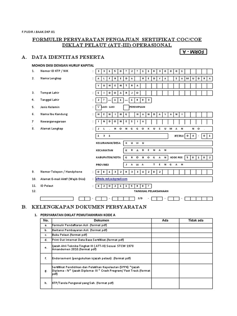 FORMULIR - PERSYARATAN - PENGAJUAN - SERTIFIKAT - COC-COE - ATT - III - TEKNIKA (1) Alfreda | PDF
