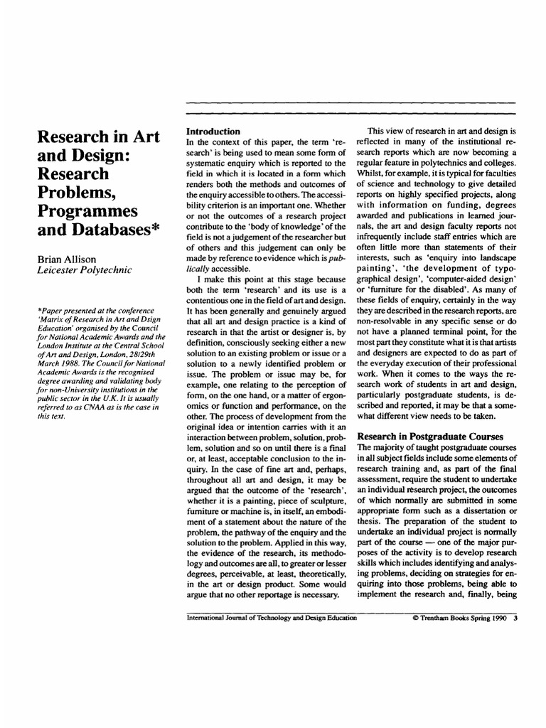 Research in Art and Design: Research Problems, Programmes and Databases ...