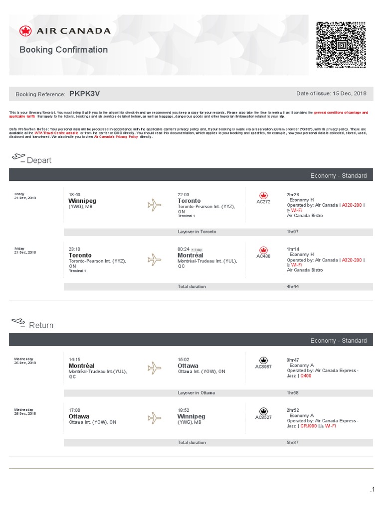 Air Canada Booking Confirmation PKPK3V | PDF | Baggage | Airlines
