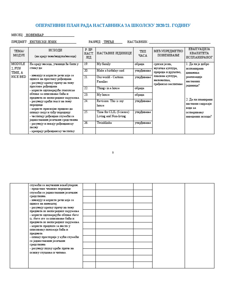 Smiles 3 Operativni-Mesecni Plan - Srbija - Novembar | PDF