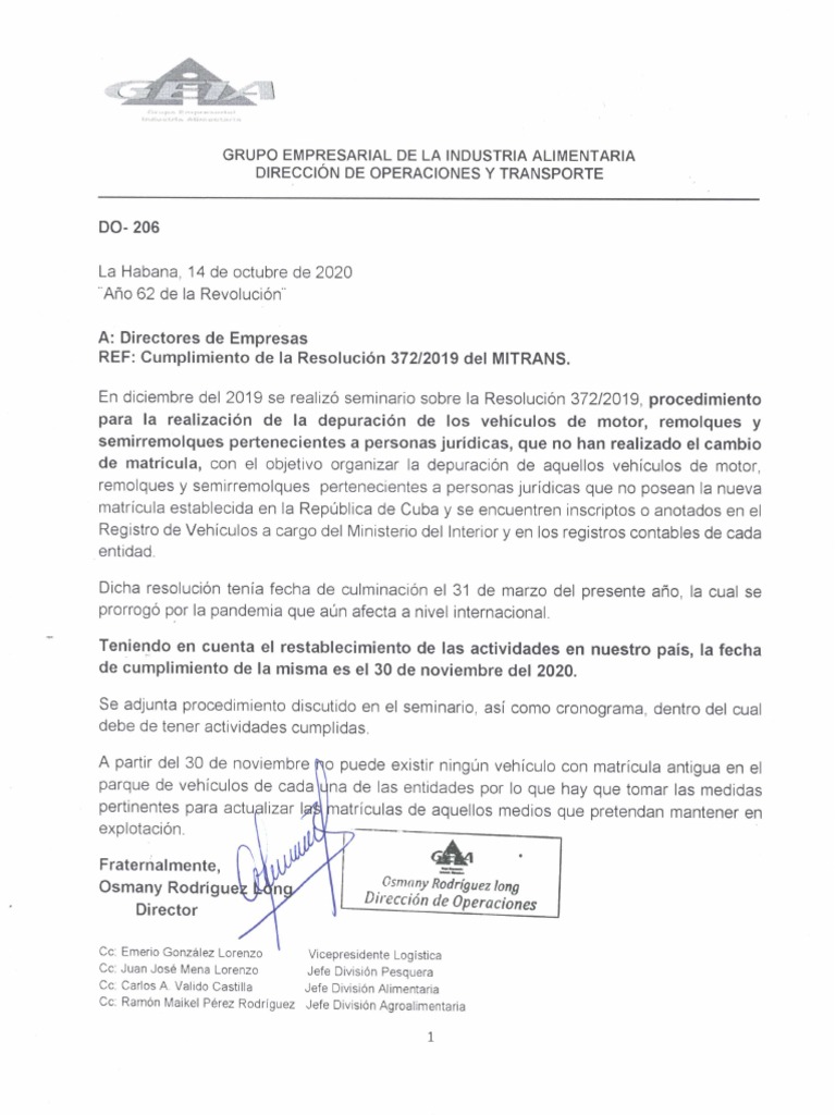 Cumplimiento Resolución 372 - 2019 MITRANS PDF | PDF