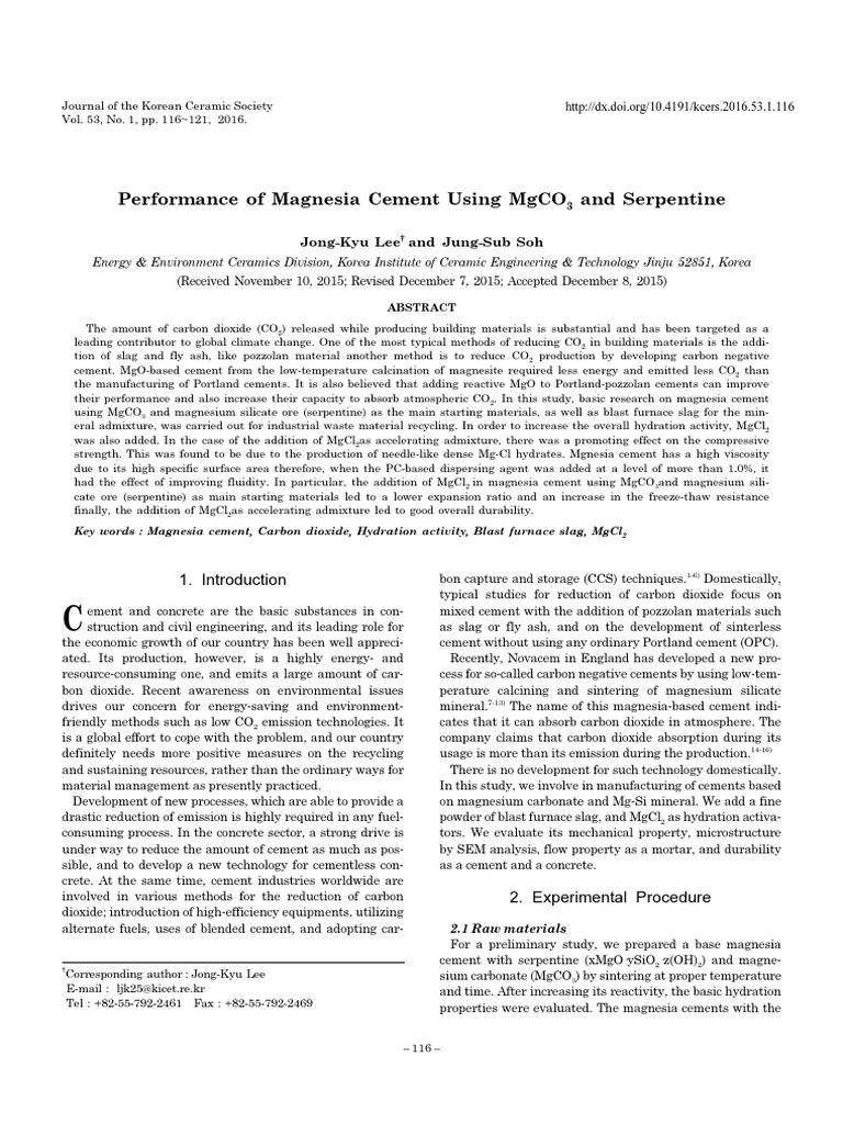 Performance of Magnesia Cement Using Mgco and Serpentine: Communication ...