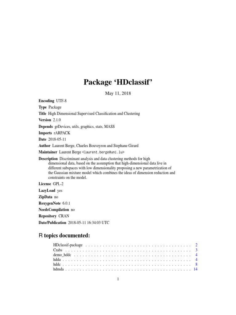 Package Hdclassif': R Topics Documented | PDF | Cluster Analysis | Cross Validation (Statistics)
