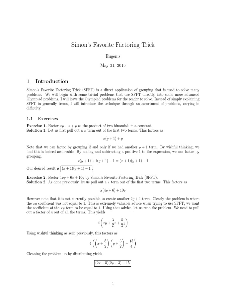 Simon's Favorite Factoring Trick: Eugenis May 31, 2015 | PDF ...
