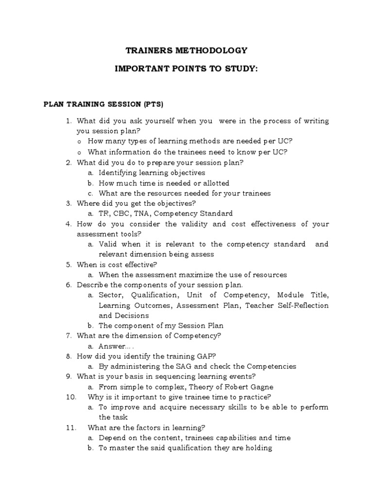 Trainers Methodology Important Points To Study:: Plan Training Session (PTS) | PDF | Competence ...