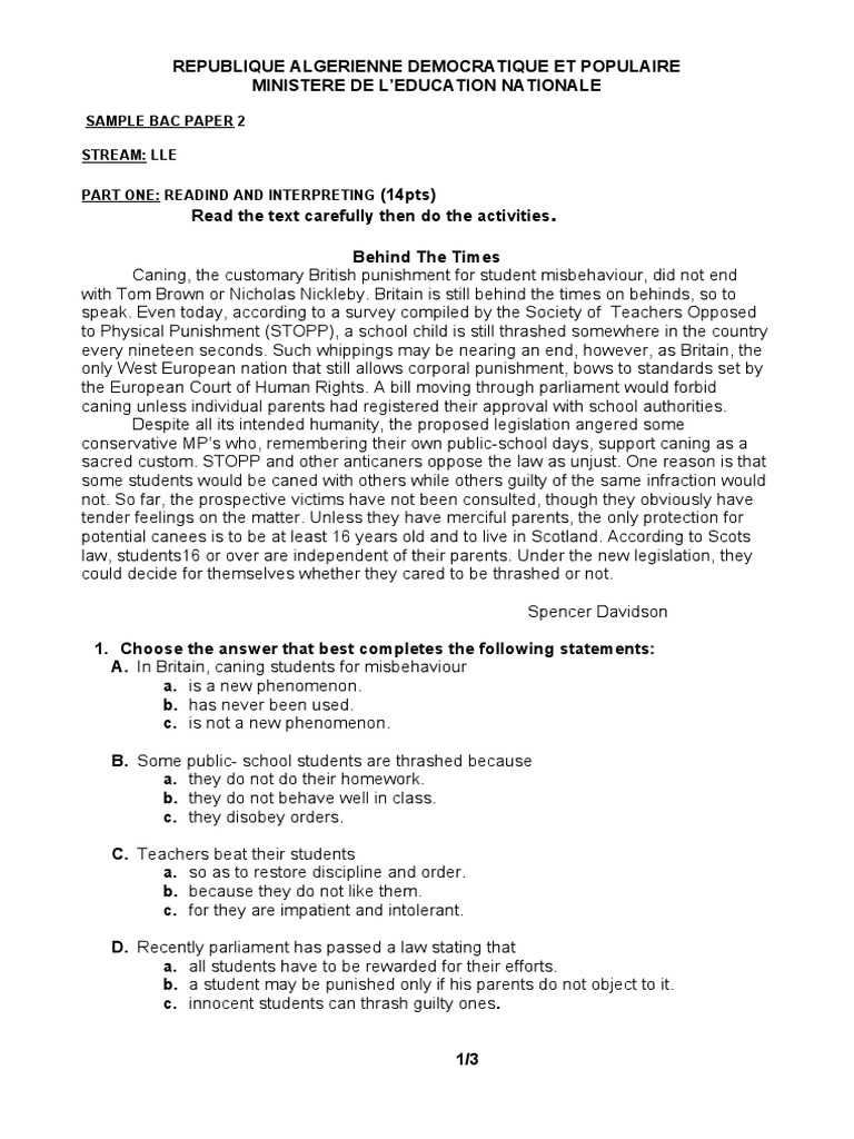 Sample Bac Paper 2 Stream: Lle Part One: Readind and Interpreting | PDF ...