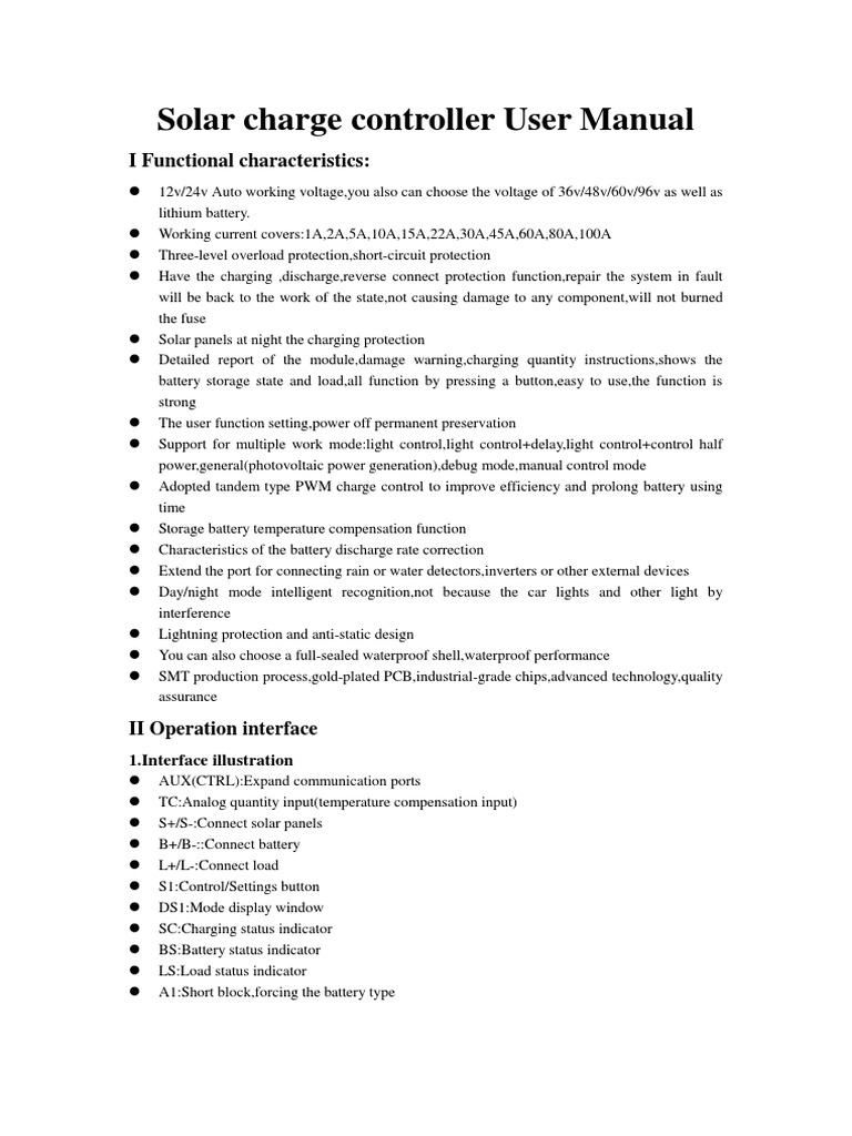 Solar Charge Controller User Manual: I Functional Characteristics | PDF | Rechargeable Battery ...
