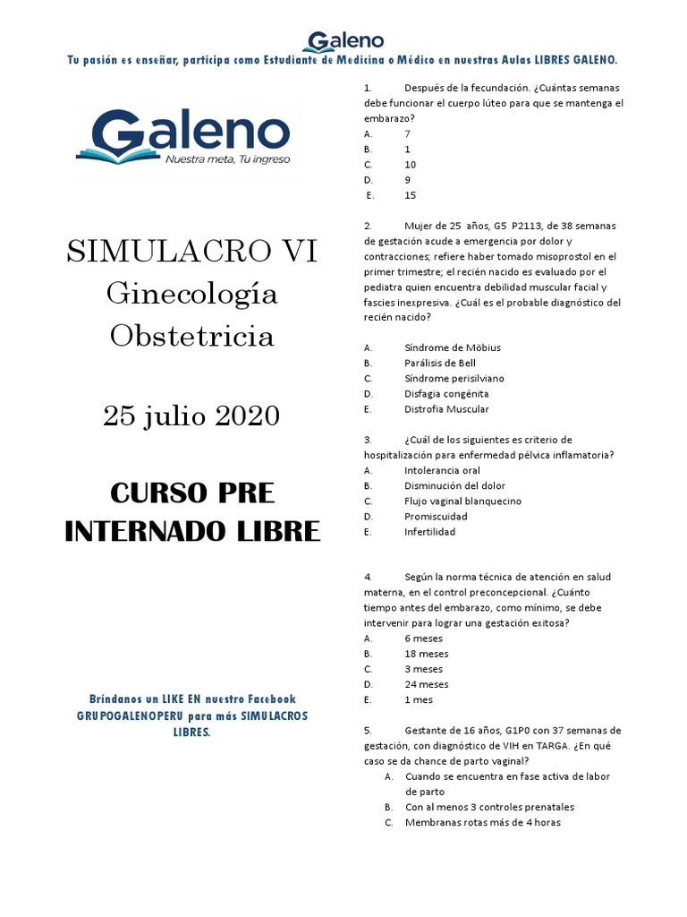 Examen SIMULACRO VI 25 jULIO 2020 OBSTETRICIAPre Internado GO | PDF | El embarazo | La salud de ...
