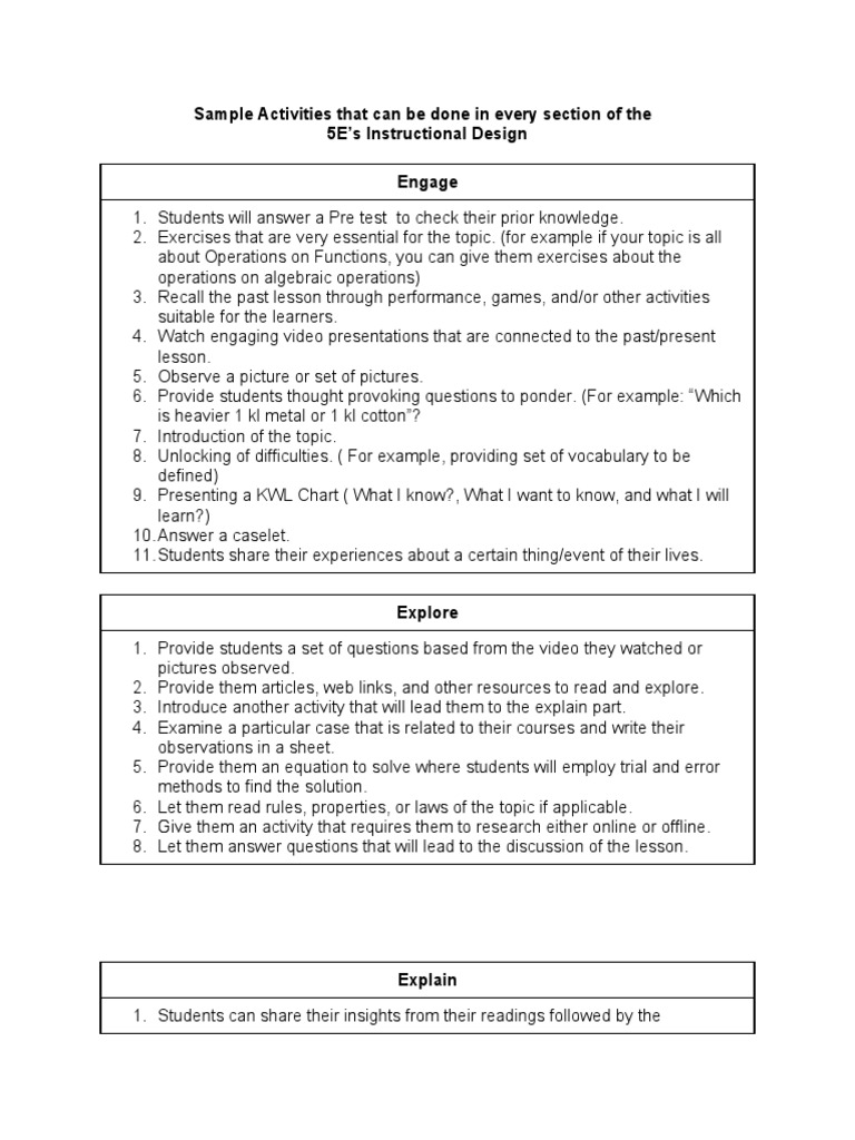 5 ES Sample Activities That Can Be Done in Every Section of The | PDF ...
