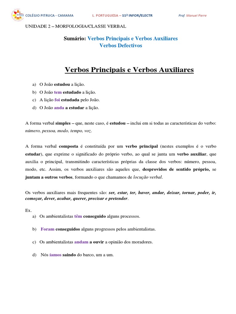 Verbos principais e auxiliares | PDF | Assunto (gramática) | Sintaxe