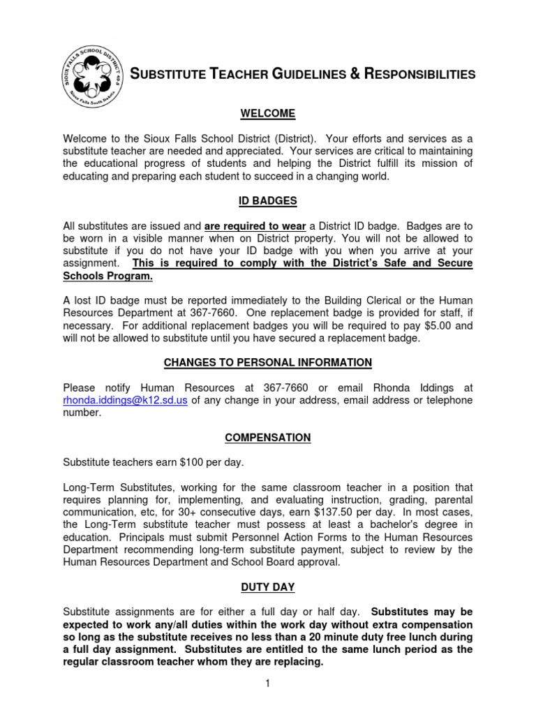 Sioux Falls Substitute Teacher Guide | PDF | Lesson Plan | Teachers