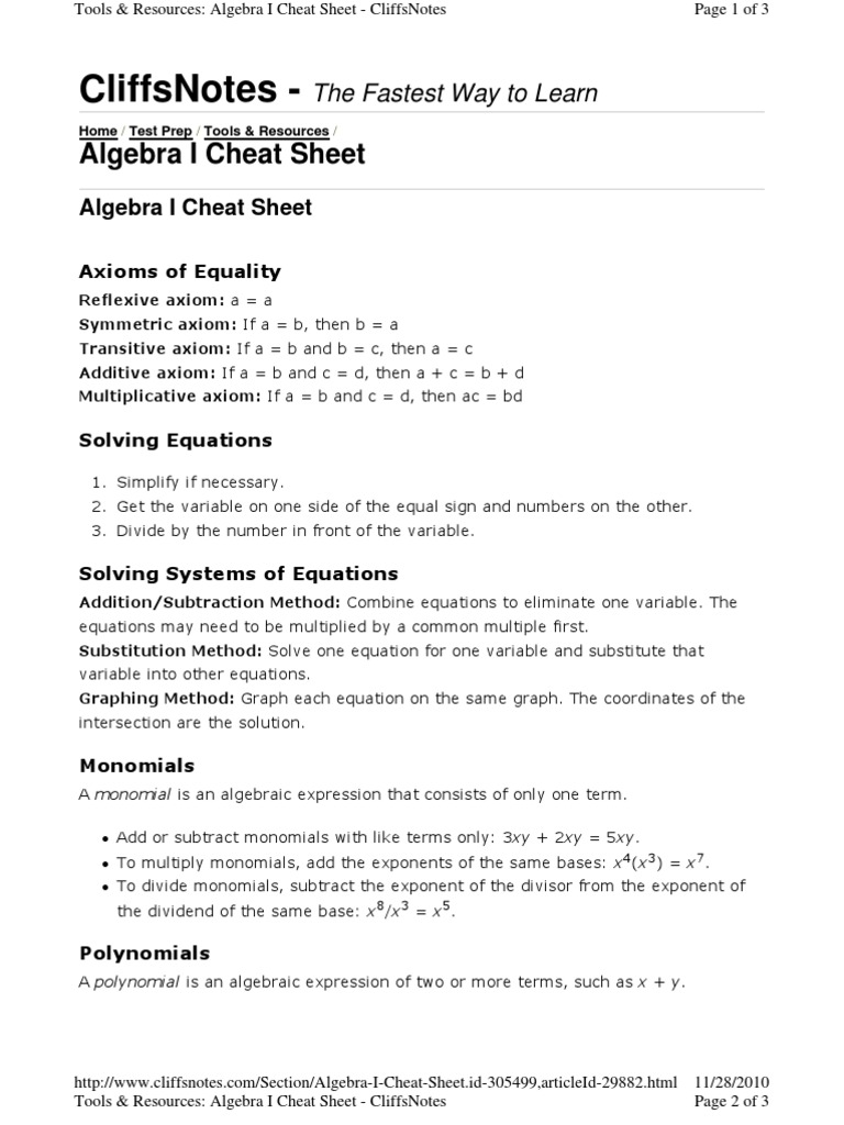 Algebra I Cheat Sheet | Download Free PDF | Polynomial | Inequality ...
