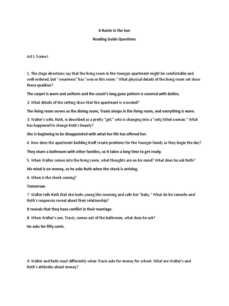 9 Raisin in The Sun Reading Questions Act I Scene 1 | PDF
