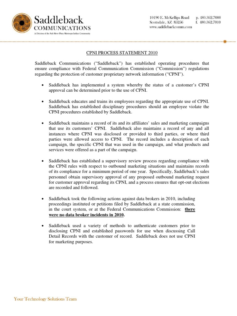 CPNI - Saddleback Process Statement 2010 | PDF | Customer Proprietary ...