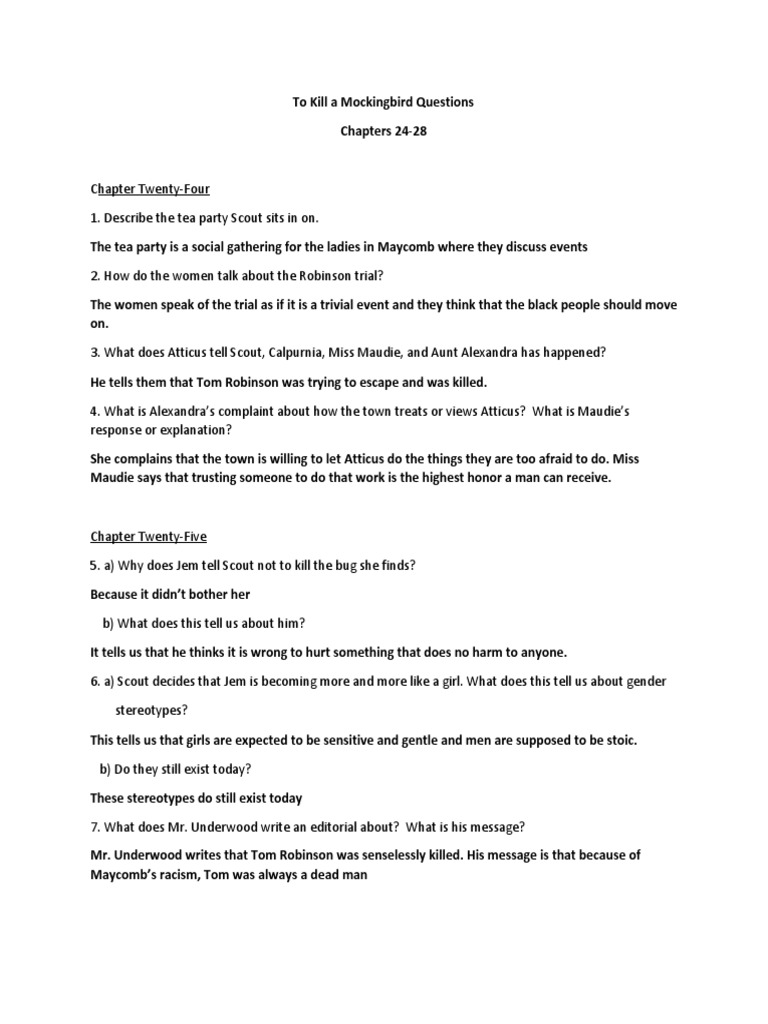 9 To Kill A Mockingbird Chapters 24-28 Questions | PDF | To Kill A ...