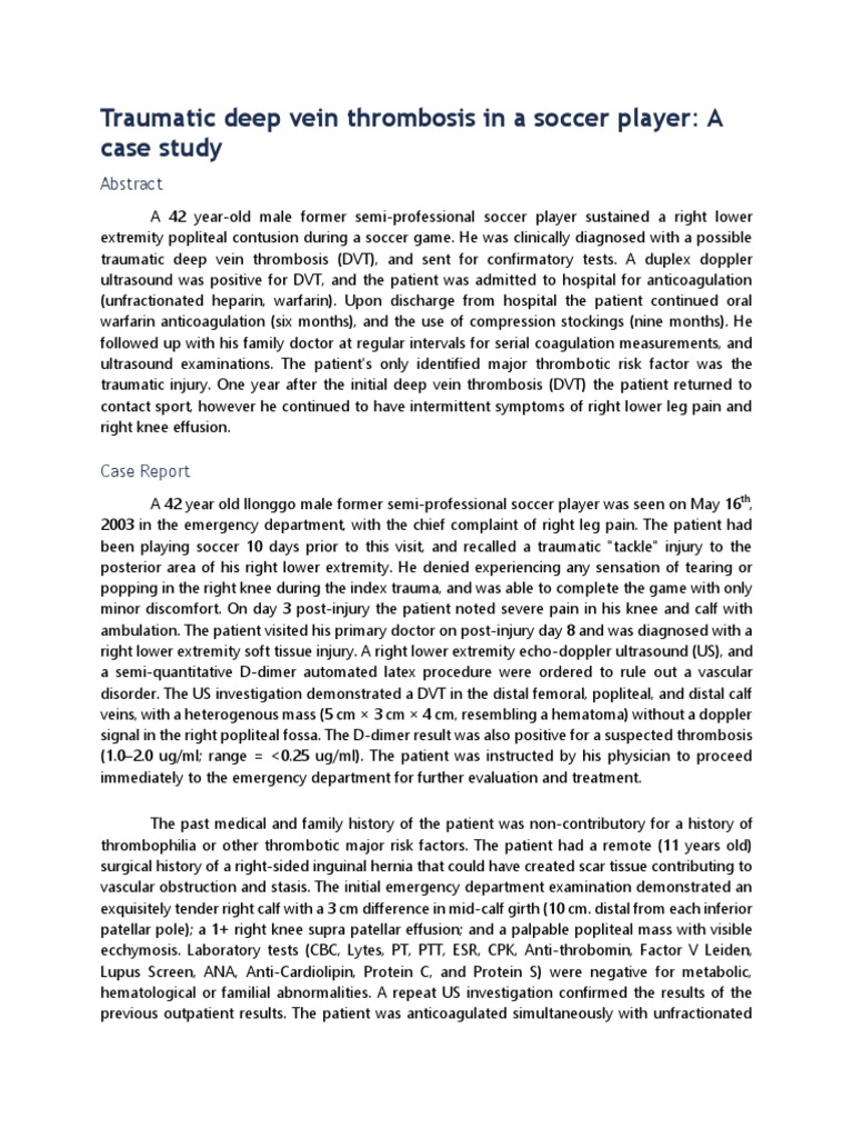 Traumatic Deep Vein Thrombosis in A Soccer Player: A Case Study ...