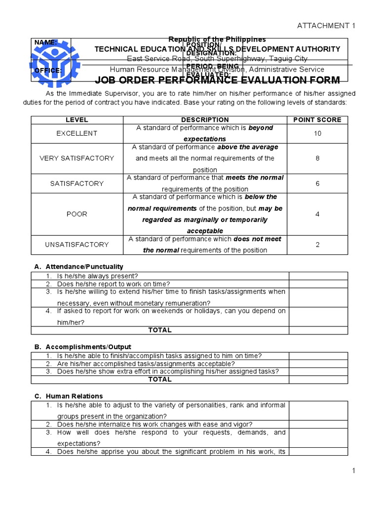 Job Order Performance Evaluation Form | PDF | Attitude (Psychology ...