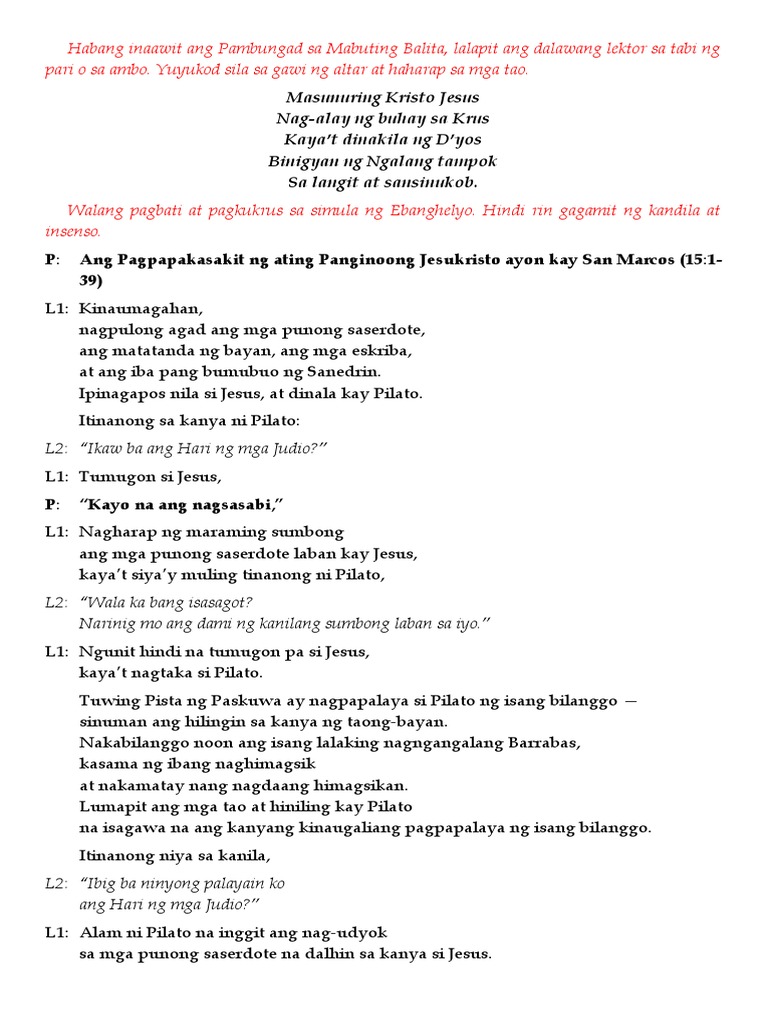 Pasyon (Taon B) - Linggo NG Palaspas Sa Pagpapakasakit NG Panginoon | PDF