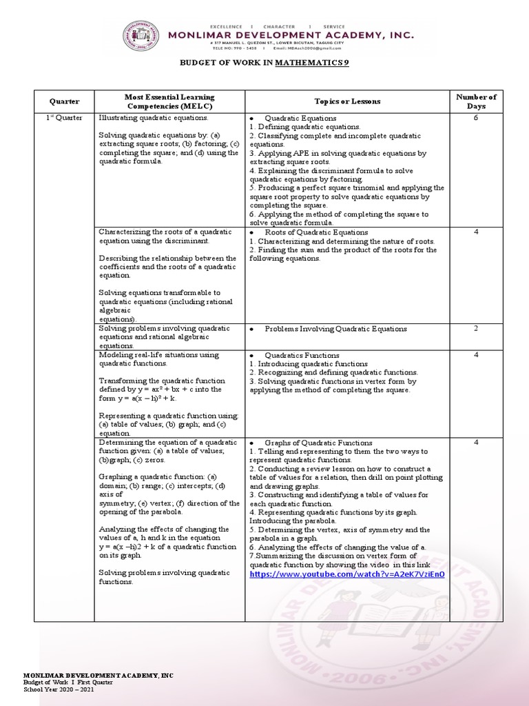 Math 9 Bow Q1 | PDF | Quadratic Equation | Equations
