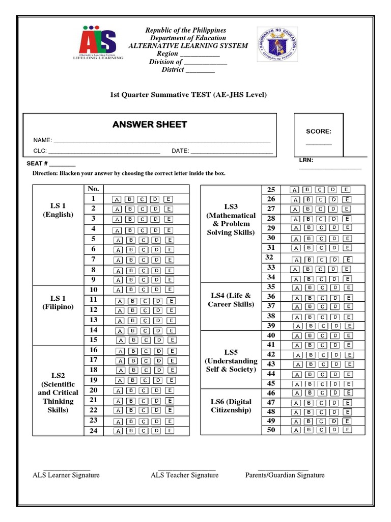Answer Sheet (Ae-Jhs) | PDF | Applied Psychology | Educational Psychology