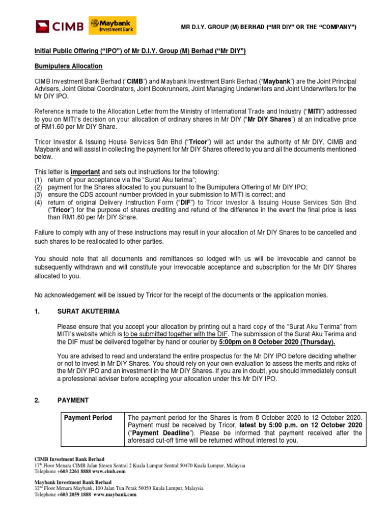 MR D.I.Y. Group (M) Berhad - MITI Instruction Letter | PDF | Initial ...