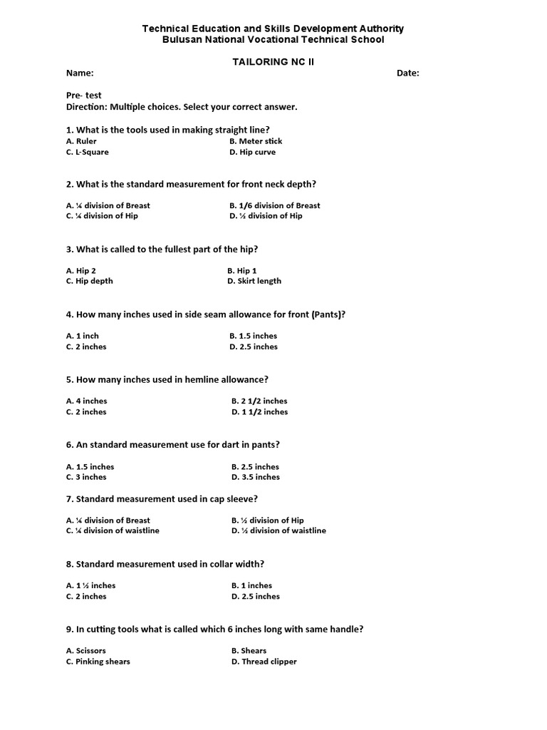Tailoring Pre Test | PDF | Sewing | Sewing Machine