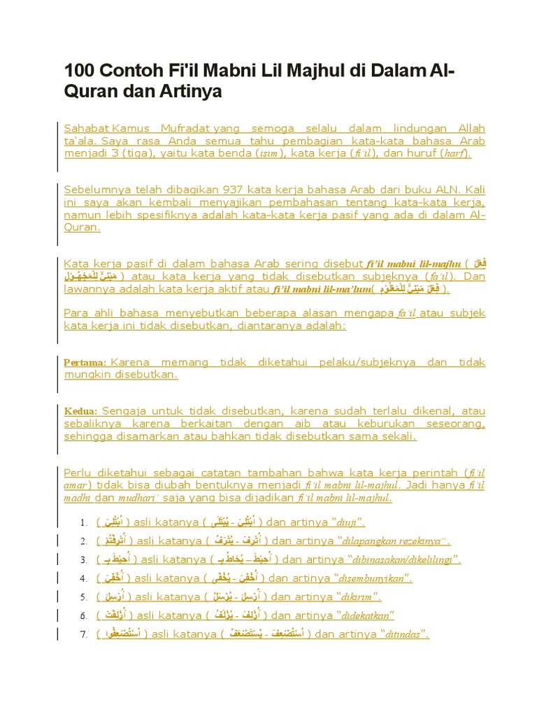 100 Contoh Fi'il Mabni Lilmajhul | PDF