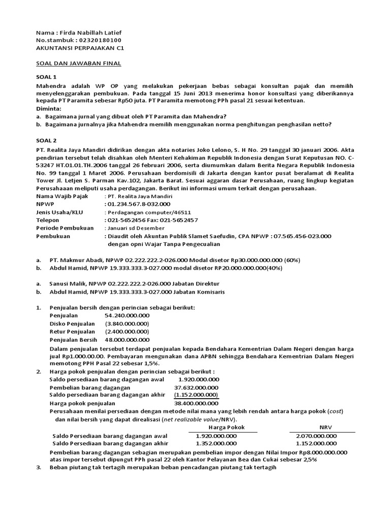 Firda Nabillah Latief 02320180100 (Soal Dan Jawaban Final Ak - Perpajakan C1) PDF | PDF
