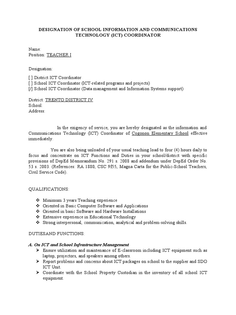 Designation of School Information and Communications Technology (Ict) Coordinator | PDF ...