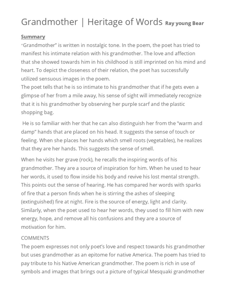 Grandmother Summary Notes | PDF | Senses | Poetry