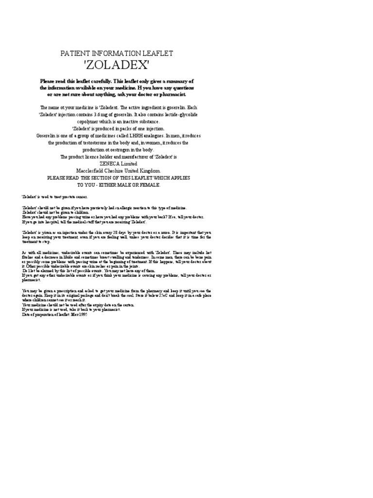 Patient Information Leaflet for Zoladex: Uses, Precautions, and Side ...