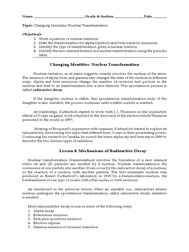 Lesson 4 Nuclear Transformation | PDF | Radioactive Decay | Nuclear Physics