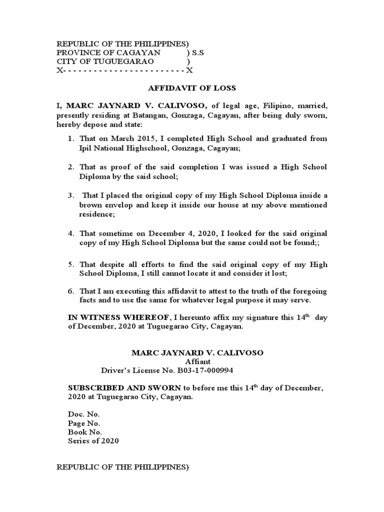 Affidavit of Loss Diploma | PDF | Affidavit | Legal Documents