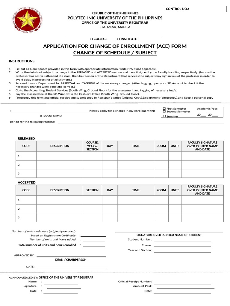 Application For Change of Enrollment (Ace) Form Change of Schedule ...