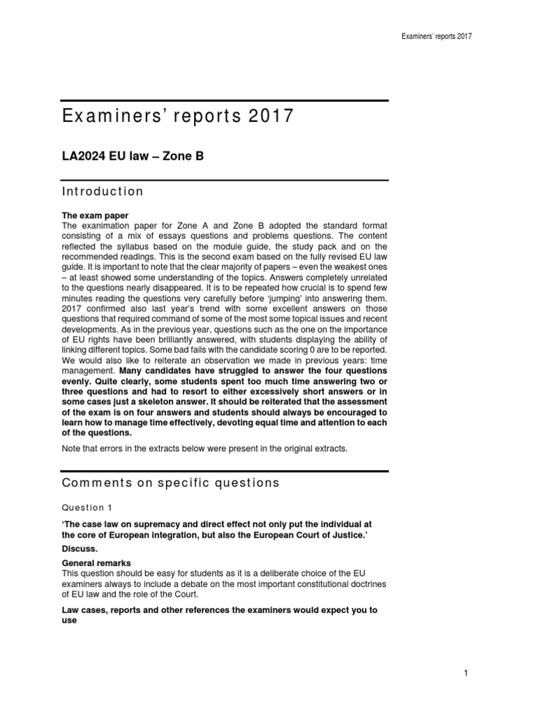 Examiners' Reports 2017: LA2024 EU Law - Zone B | PDF | European Union Law | Public Law