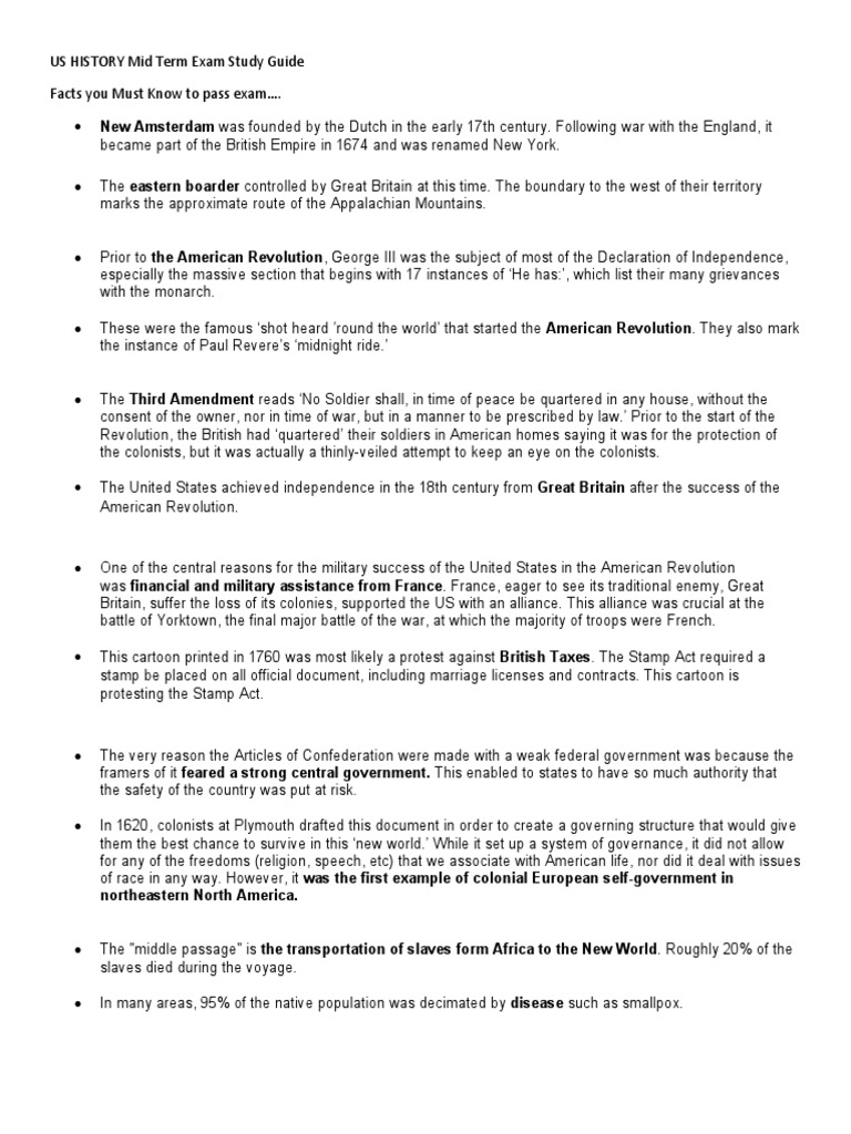 US HISTORY Mid Term Exam Study Guide 1 | PDF | Thirteen Colonies ...