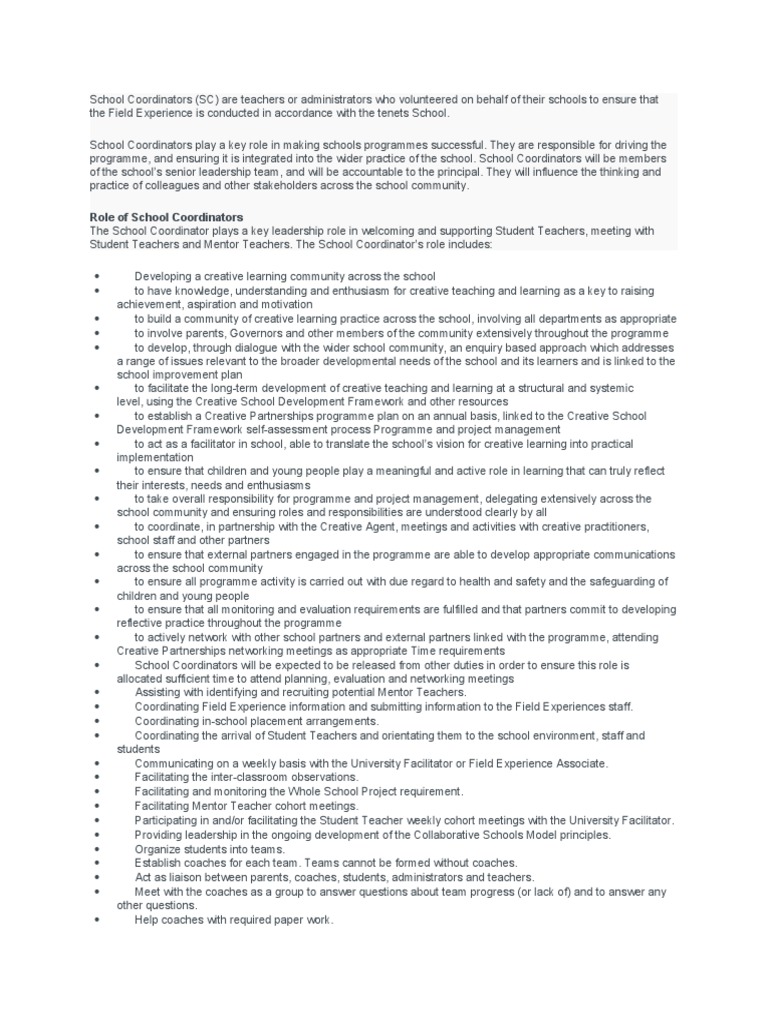 Role of School Coordinators | PDF | Mentorship | Teachers