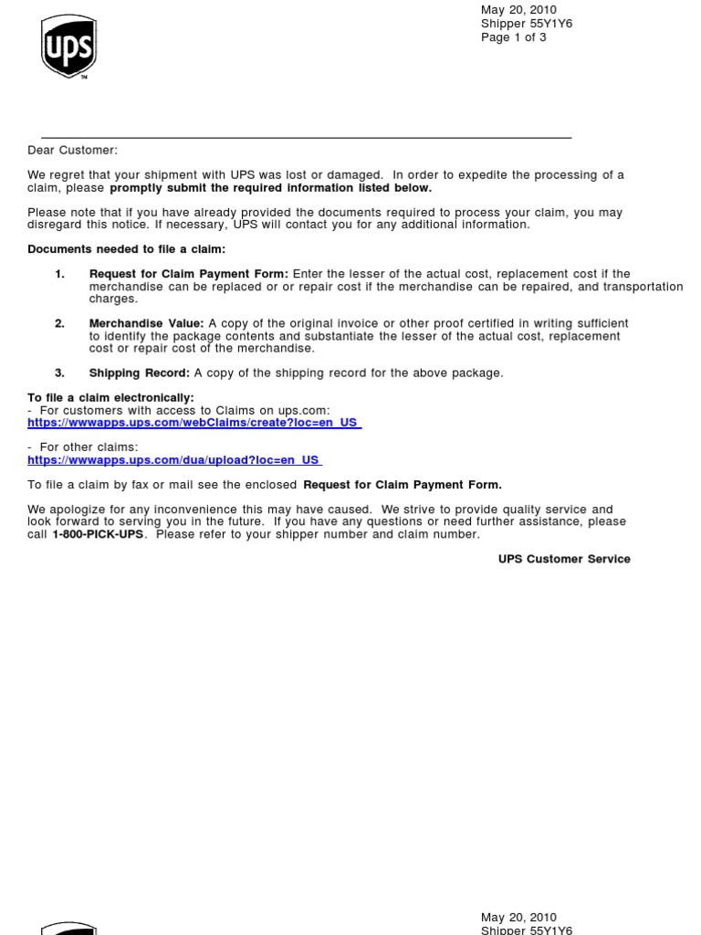 Request for Claim Information: Lost or Damaged Shipment Notice and ...