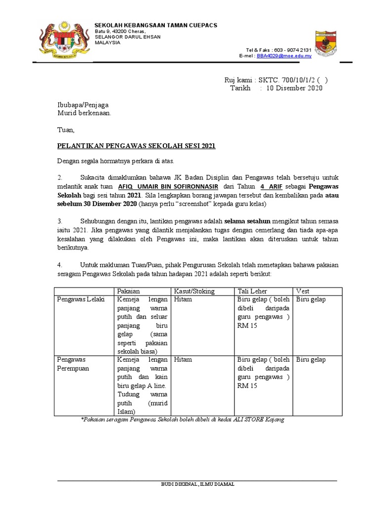 Afiq Umair Surat Lantikan Pengawas SKTC 2021 | PDF