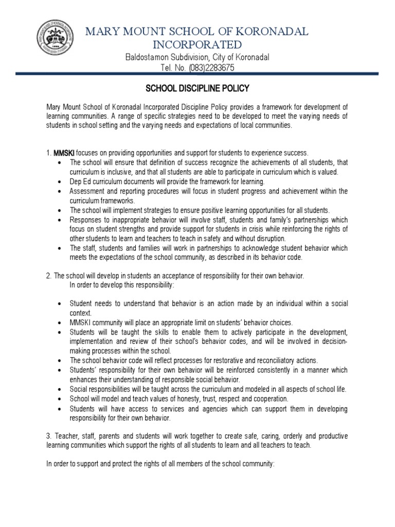 School Discipline Policy | Download Free PDF | Community | Curriculum