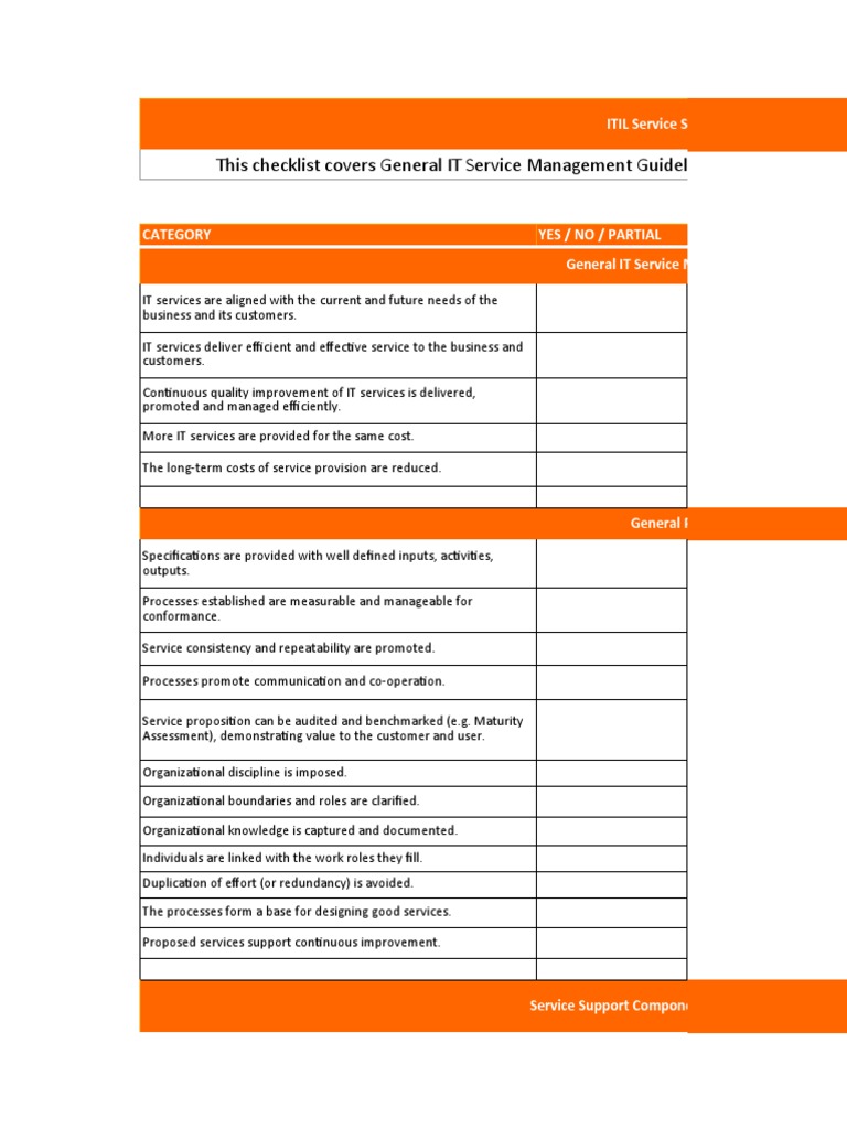 This Checklist Covers General IT Service Management Guidelines ...