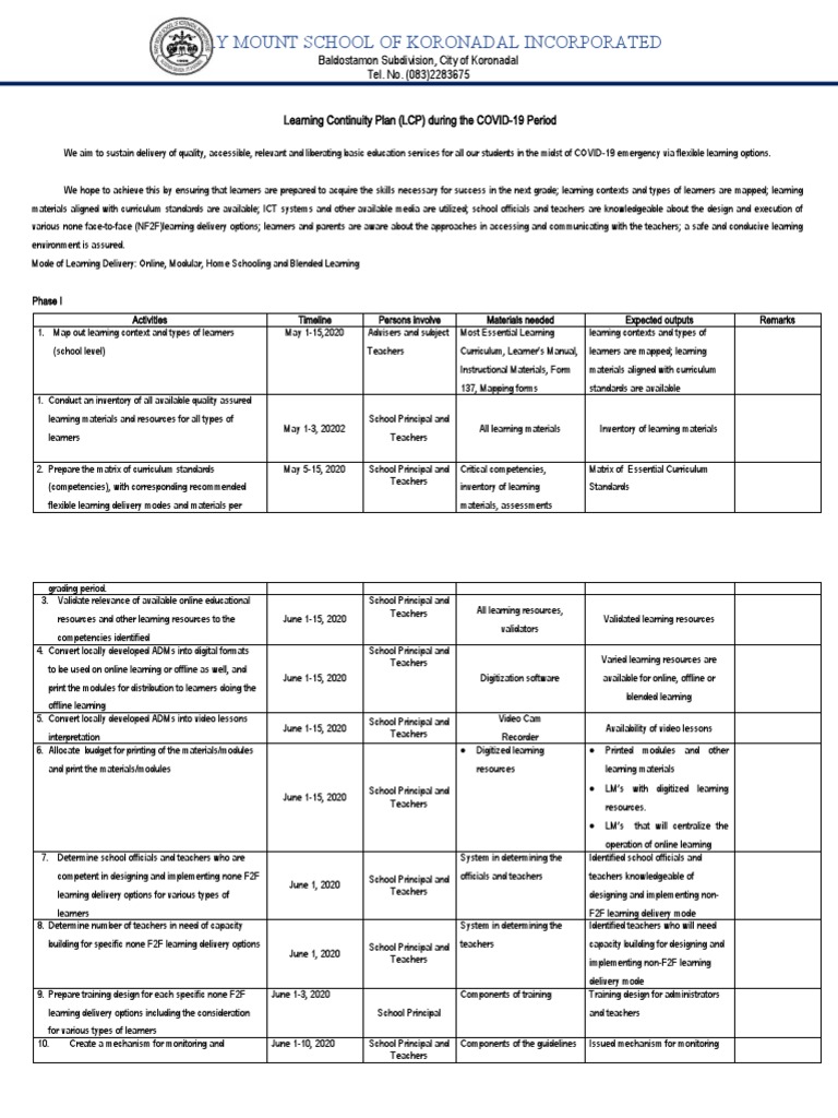 Mary Mount School of Koronadal Learning Continuity Plan | PDF ...