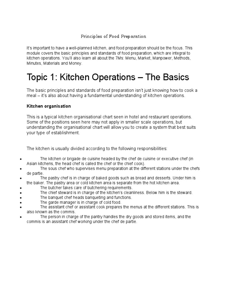 Topic 1: Kitchen Operations - The Basics | PDF | Chef | Kitchen
